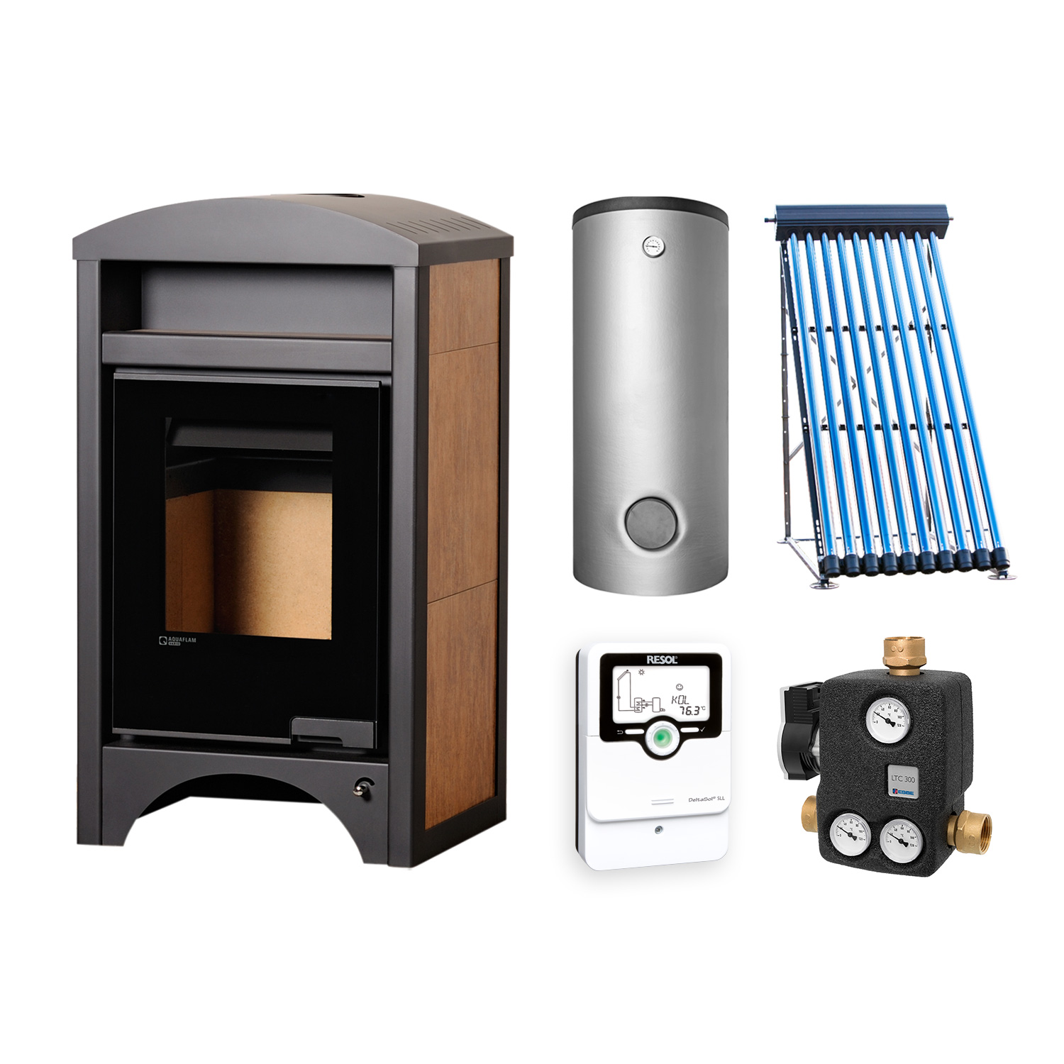 Solar-Set 3 (9 m²) + wasserführender Kaminofen Aquaflam Vario Barma ...
